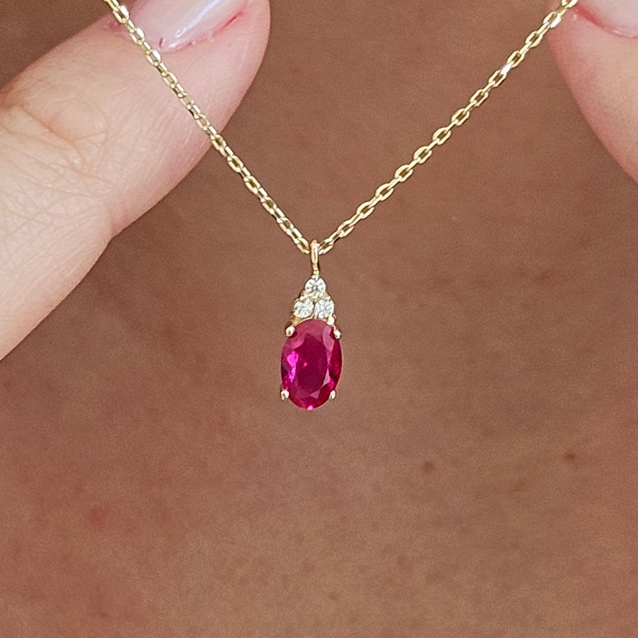 14K Gold Ruby Necklace, Birthstone Necklace, Oval Cut Ruby Pendant ...