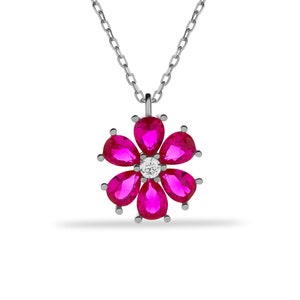 14K Solid Gold Ruby Necklace, Minimalist Flower Charm Necklace, Ruby ...