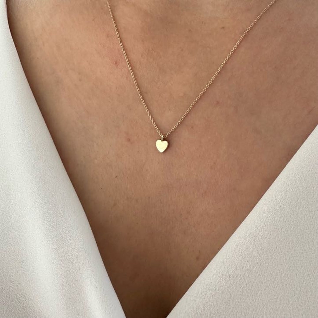 14K Gold Heart Necklace, Minimalist Necklace, Solid Gold Dainty Necklace, Tiny Heart Pendant ...