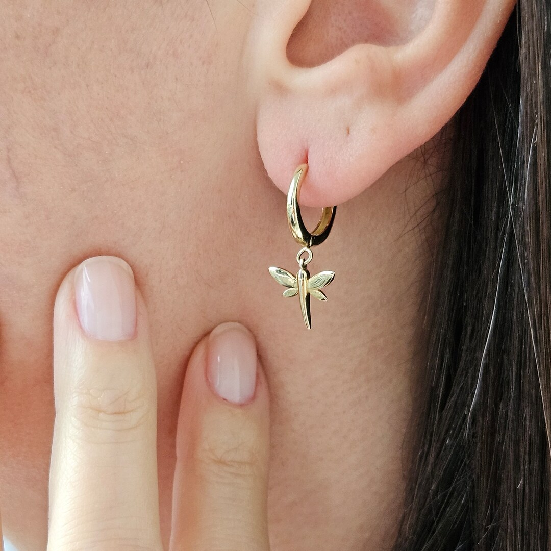 14K Gold Dragonfly Earrings, Solid Gold Dragonfly Earrings, Solid Gold ...