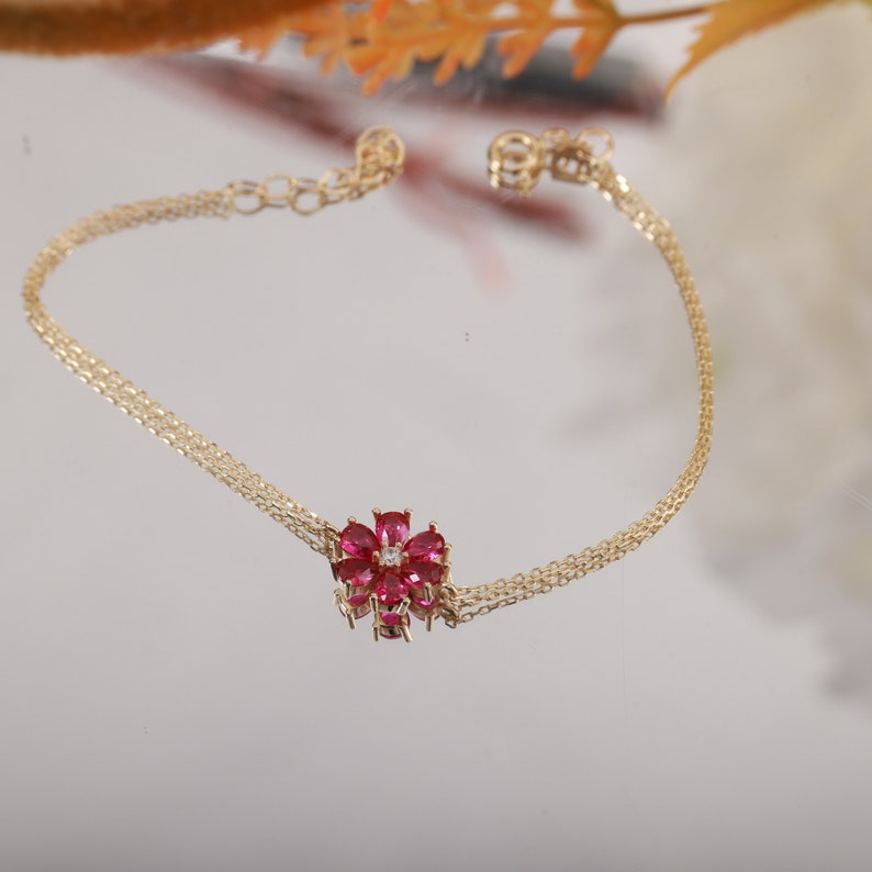 14K Gold Ruby Bracelet, Ruby Raindrop Cut Flower Bracelet, July ...