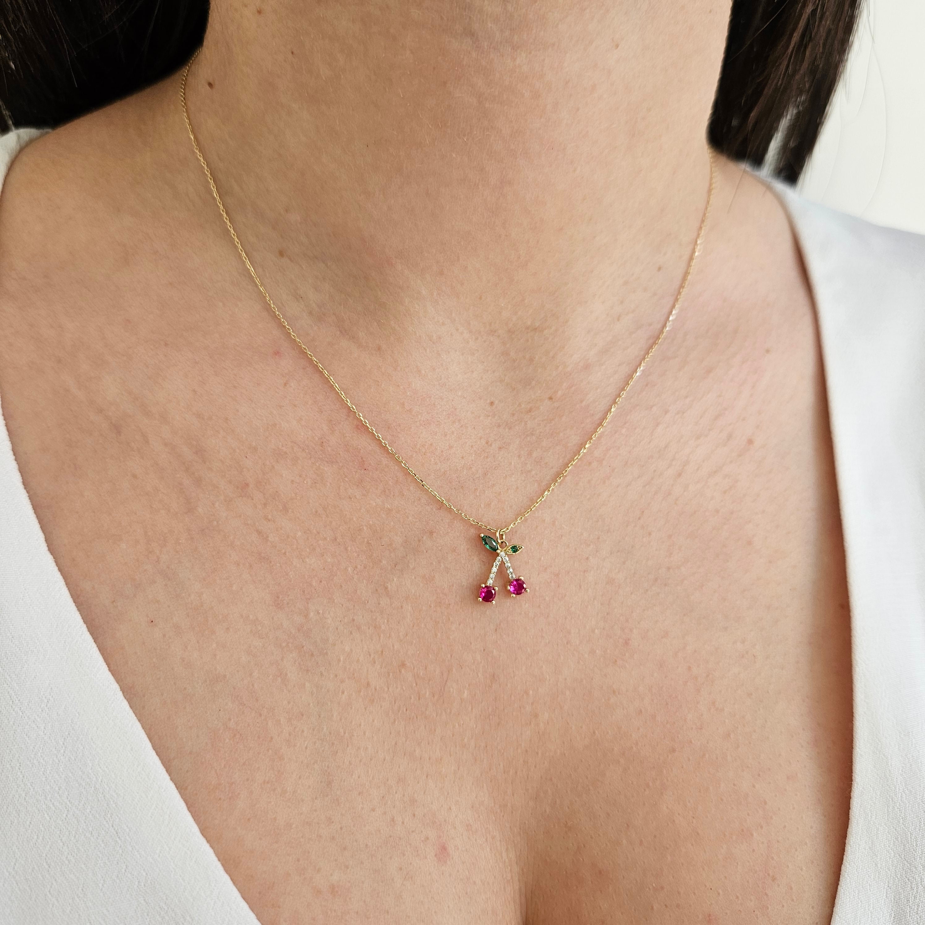 Gold Cherry Necklace 14K Cherry Ruby Pendant Handmade - Etsy