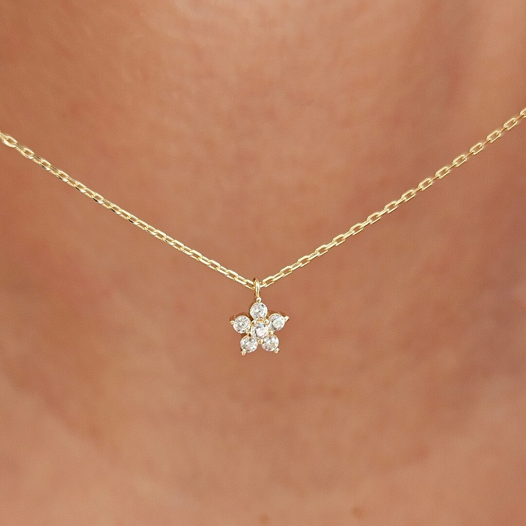 Gold Flower Necklace, 14K Gold CZ Flower Charm, Minimalist Flower ...