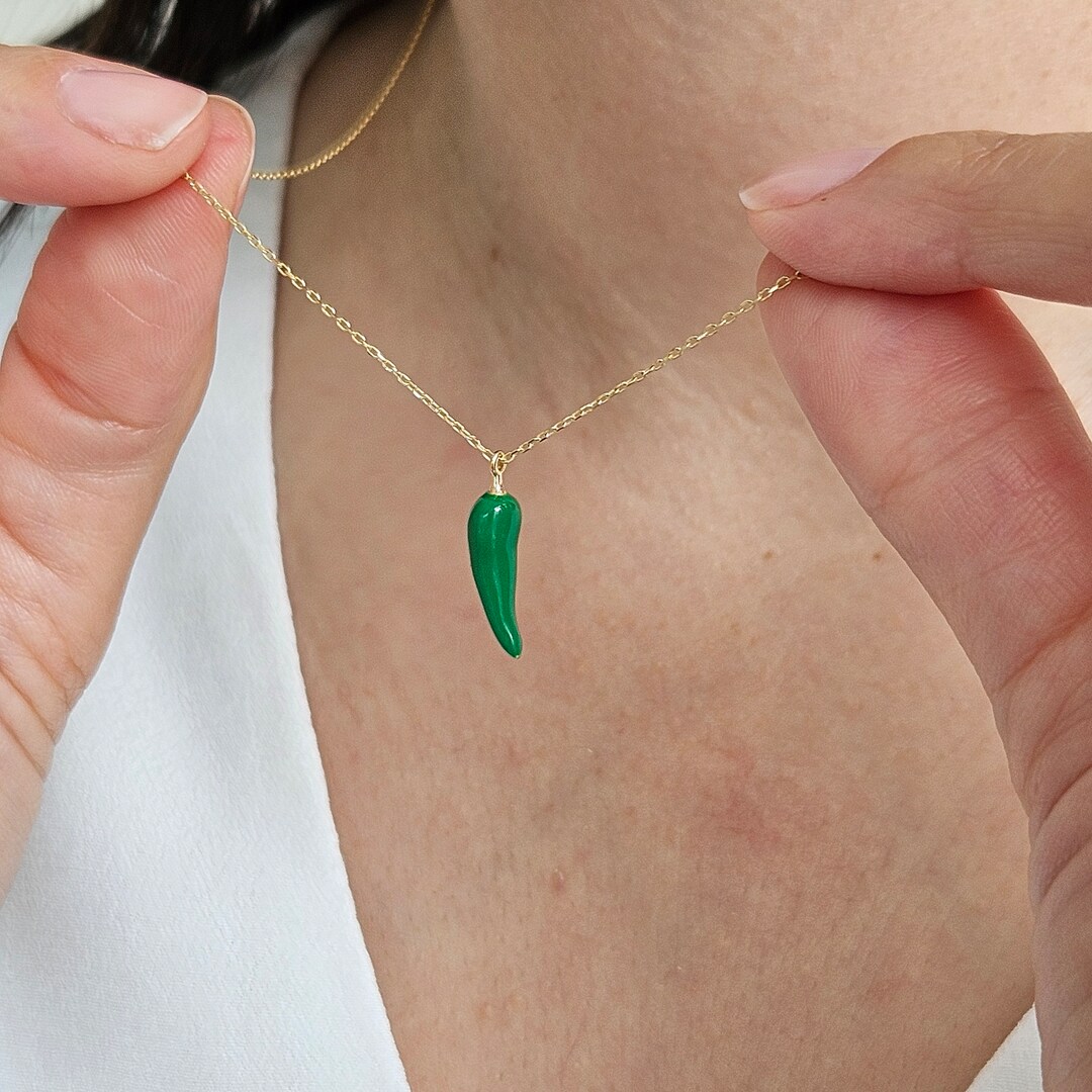 14K Gold Pepper Necklace, 3D Chilli Green Pepper Pendant, Gold Pepper ...