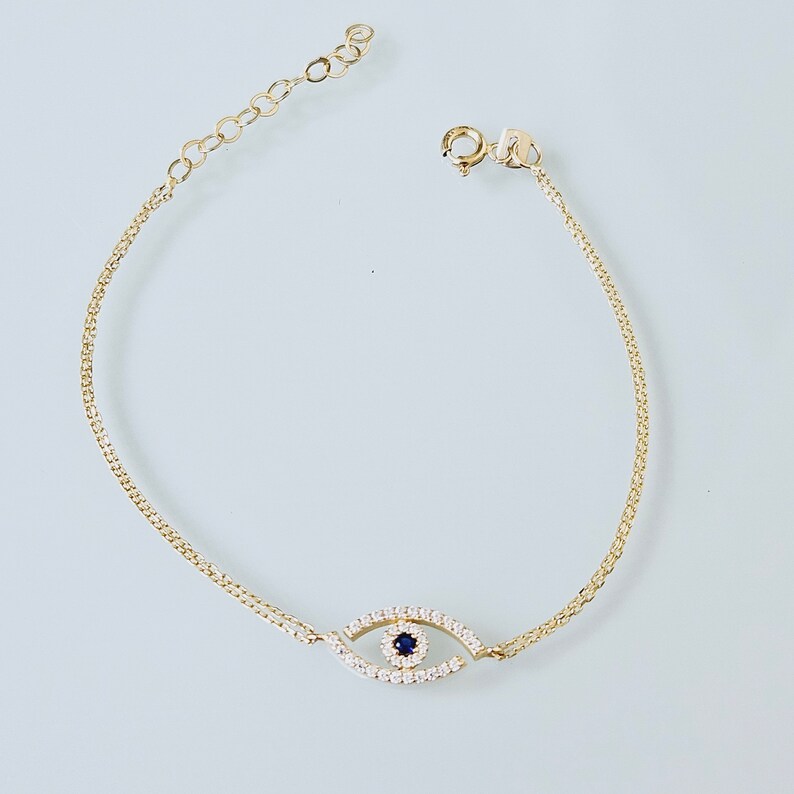 14K Gold Evil Eye Bracelet Blue and White Gemstone Evil Eye - Etsy