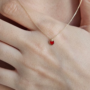 Red Enamel Heart Necklace, Minimalist Necklace, 14K Solid Gold Necklace, Tiny Heart Pendant ...