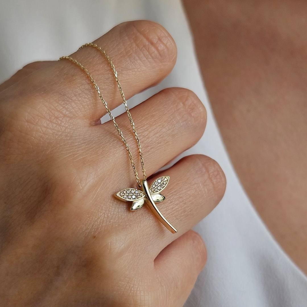 Dragonfly Necklace, 14K Gold Dragonfly Jewelry, Handmade Jewelry, Solid ...