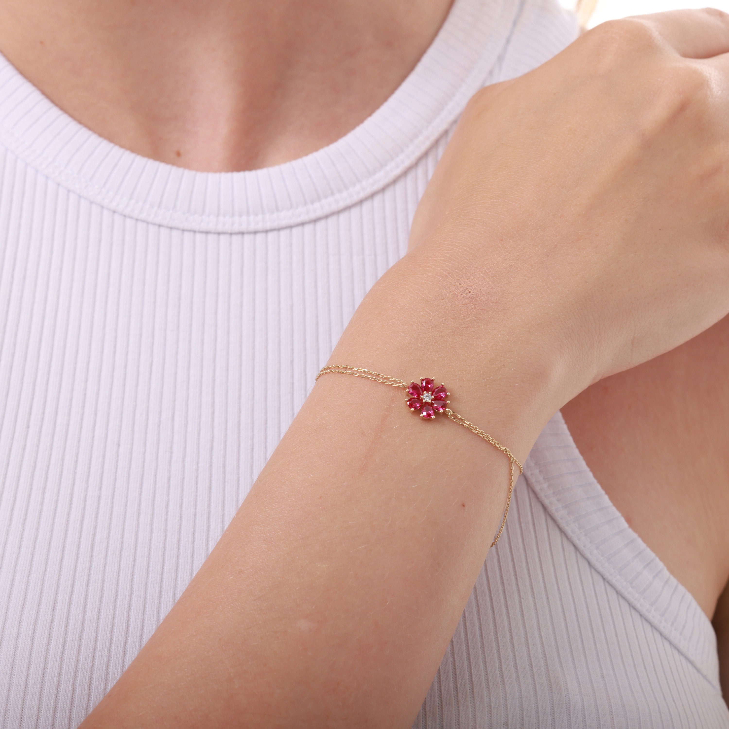 14K Gold Ruby Bracelet, Ruby Raindrop Cut Flower Bracelet, July ...