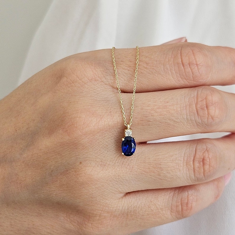 14K Gold Sapphire Necklace, September Birthstone, Oval Cut Blue ...