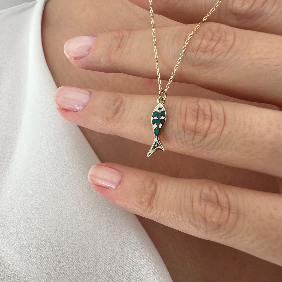 Gold Fish Necklace, Pieces Necklace, 14K Solid Gold Good Luck Charm ...
