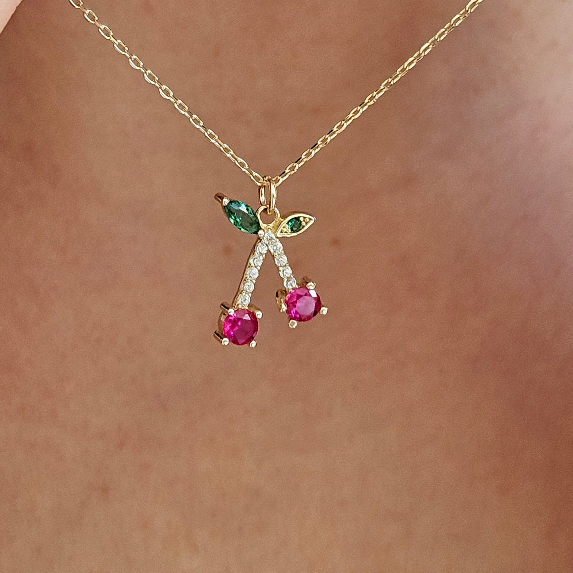 Gold Cherry Necklace 14K Cherry Ruby Pendant Handmade - Etsy