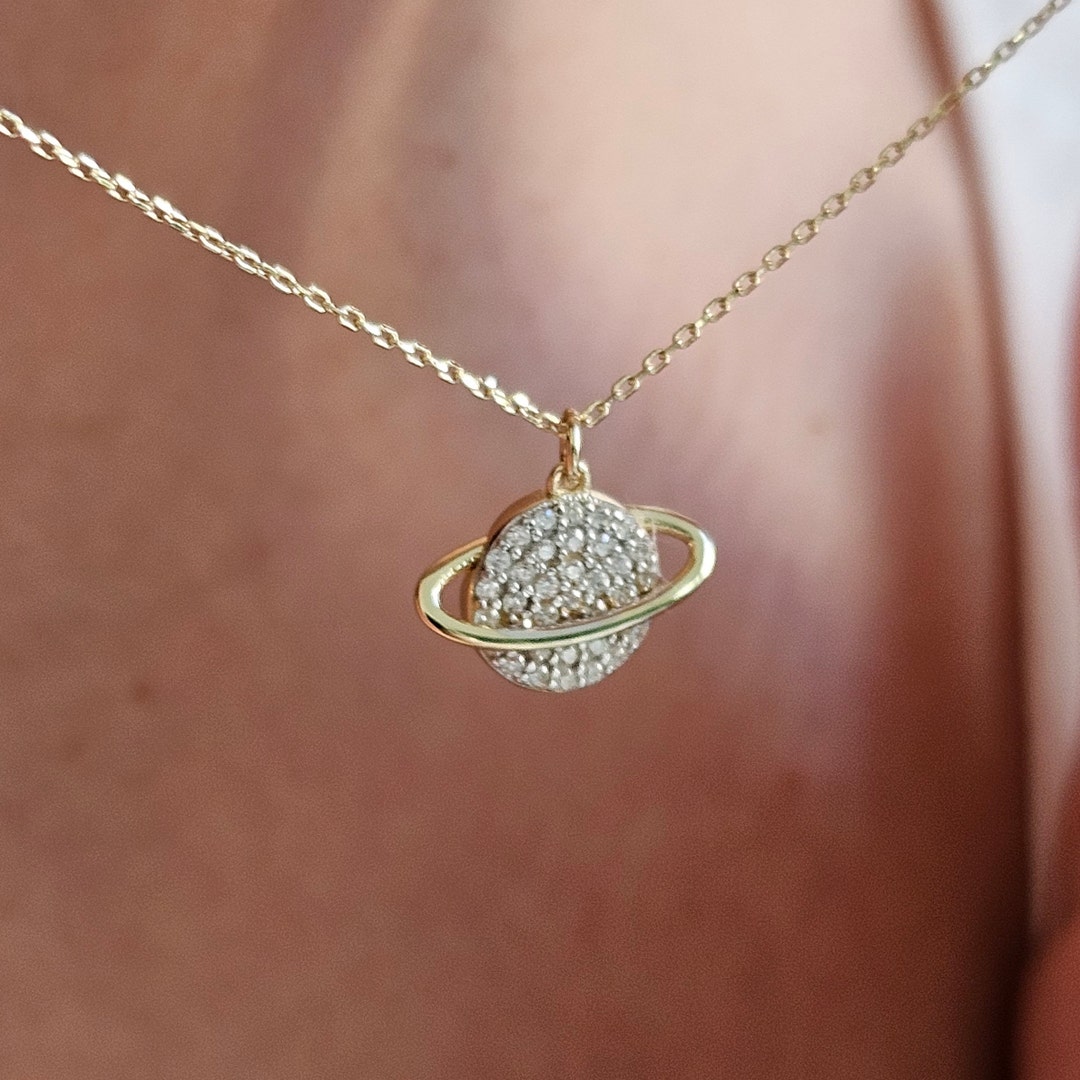 14K Gold Saturn Necklace, Saturn Planet Necklace, Moon and Saturn ...