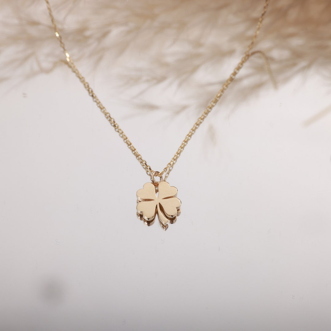 14K Gold Clover Necklace, Solid Gold Four Leaf Clover, Dainty Necklace ...