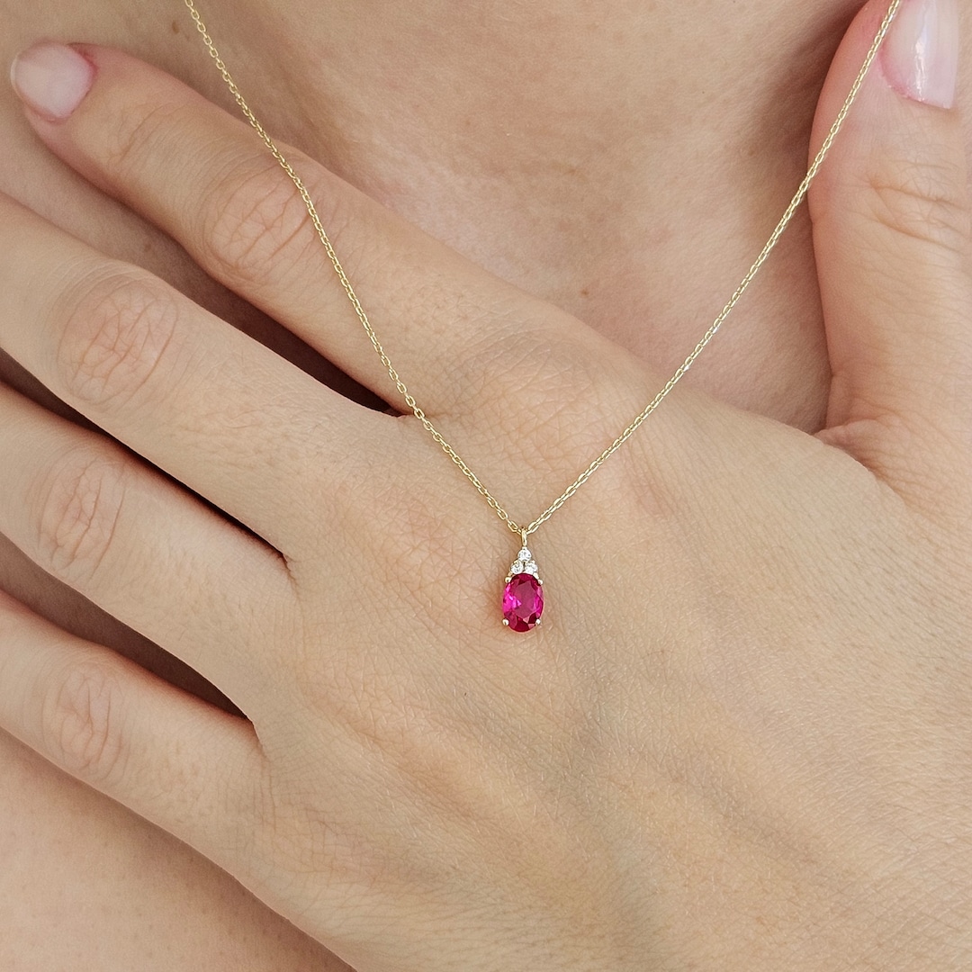 14K Gold Ruby Necklace, Birthstone Necklace, Oval Cut Ruby Pendant ...