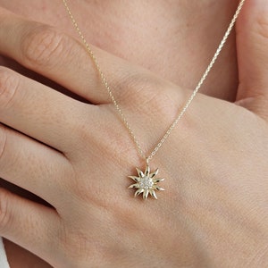 Sun Necklace, Gold Sunburst Pendant, Dainty Gold Sun Necklace, 14K ...