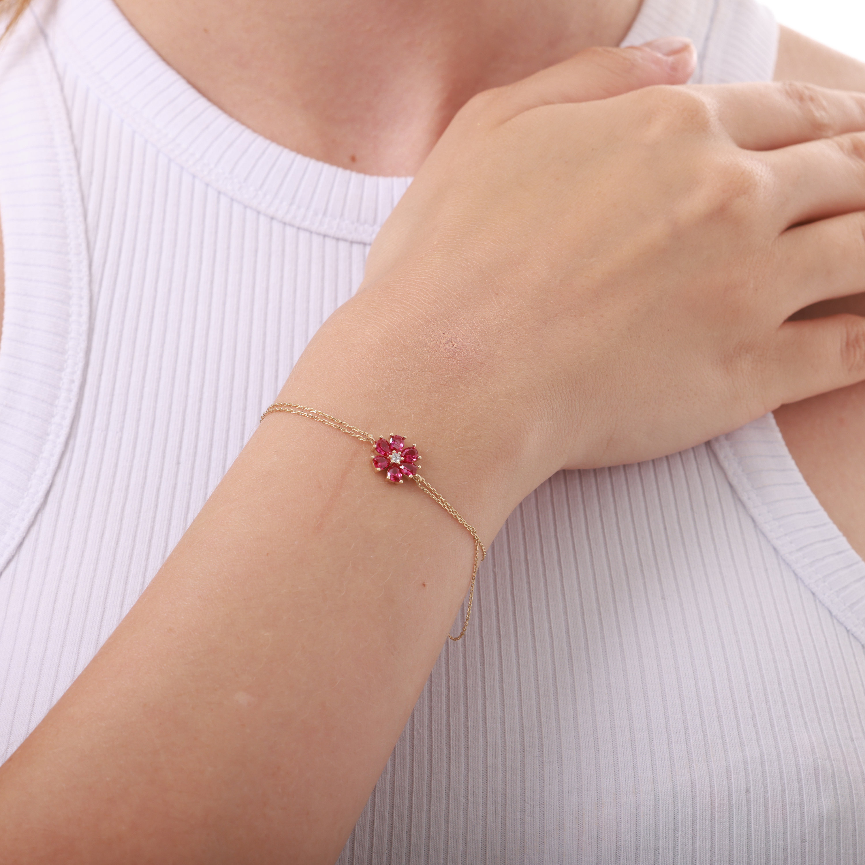 14K Gold Ruby Bracelet, Ruby Raindrop Cut Flower Bracelet, July ...