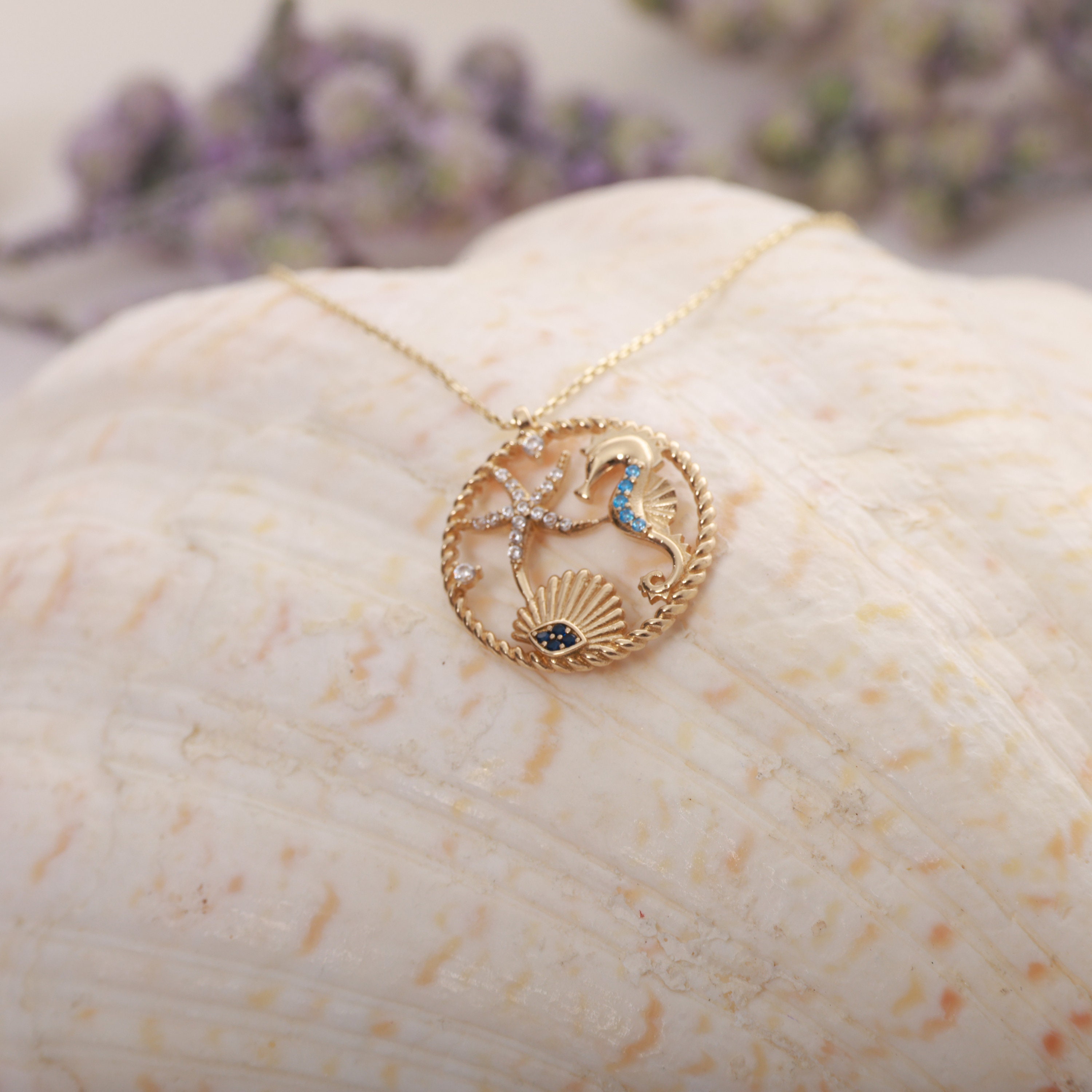 14K Gold Seashell Necklace, Gold Starfish Necklace, Gold Sea Horse ...