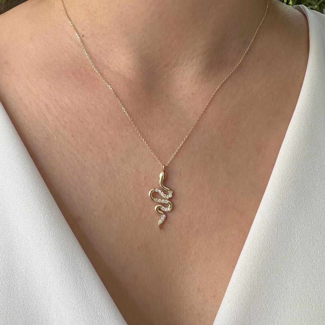 14K Gold Snake Necklace, Serpent Pendant, Shahmaran Jewelry, Snake ...