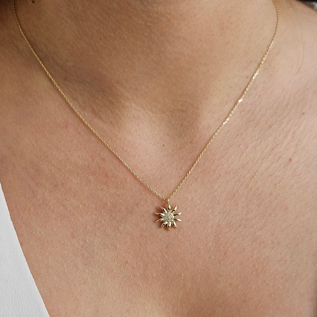 Sun Necklace, Gold Sun Pendant, Dainty Gold Sun Necklace, 14K Solid ...
