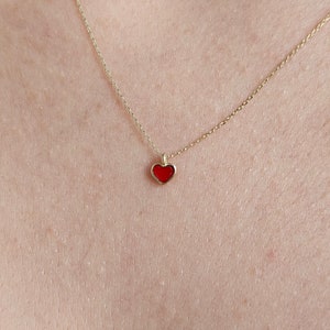 Red Enamel Heart Necklace, Minimalist Necklace, 14K Solid Gold Necklace, Tiny Heart Pendant ...