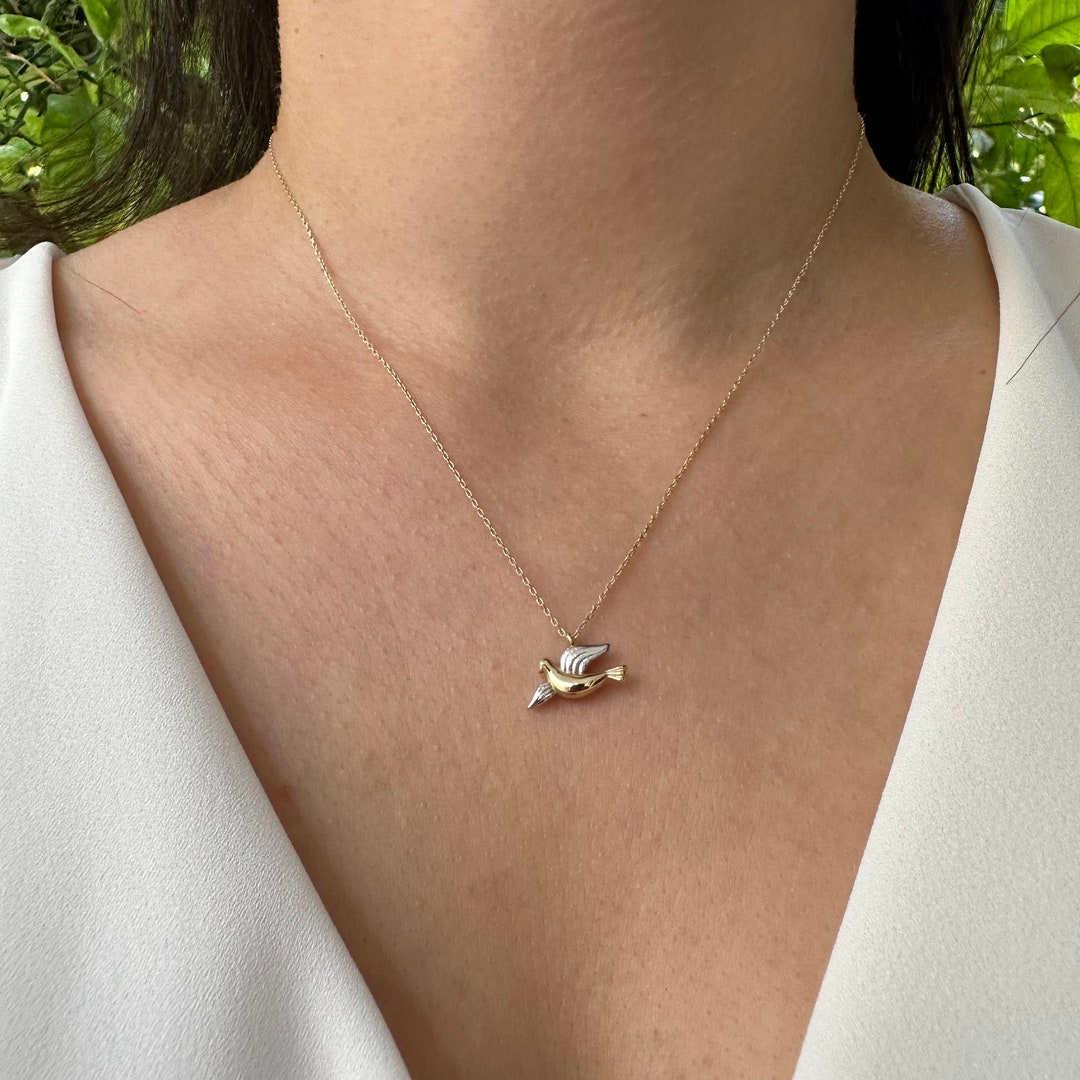 Gold Pigeon Necklace, 14K Gold Bird Necklace, Gold Dove Necklace ...