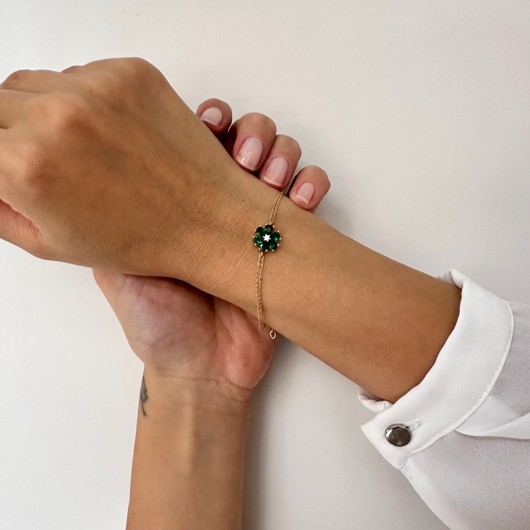 14K Gold Emerald Bracelet, May Birthstone, Raindrop Cut Emerald Flower ...