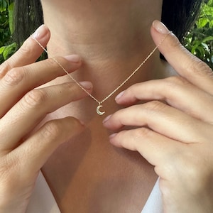 14K Gold Moon Necklace, Tiny Crescent Moon, Minimalist Necklace, Dainty Moon Necklace, Handmade ...