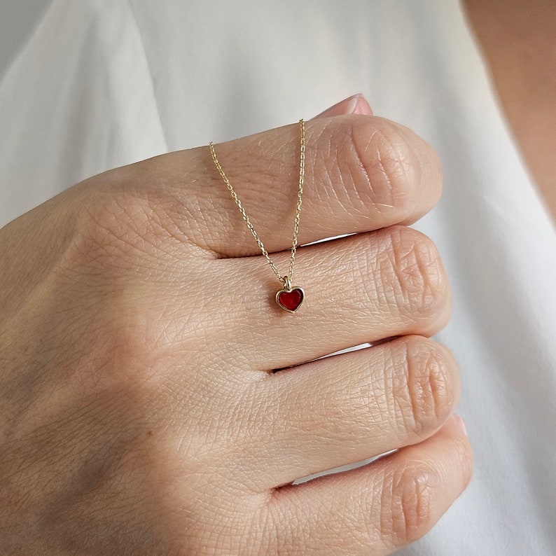 Red Enamel Heart Necklace, Minimalist Necklace, 14K Solid Gold Necklace, Tiny Heart Pendant ...