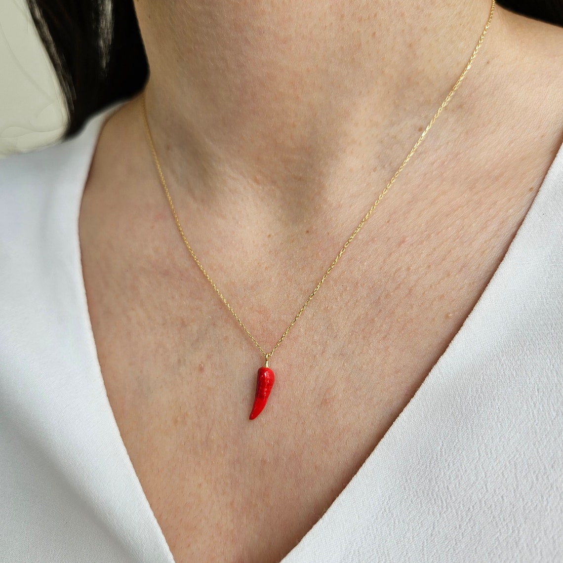 14K Gold Red Pepper Necklace, 3D Chilli Red Pepper Pendant Necklace ...
