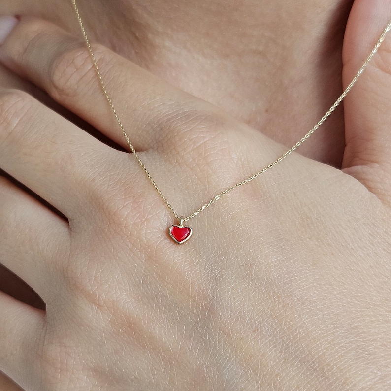 Red Enamel Heart Necklace, Minimalist Necklace, 14K Solid Gold Necklace, Tiny Heart Pendant ...