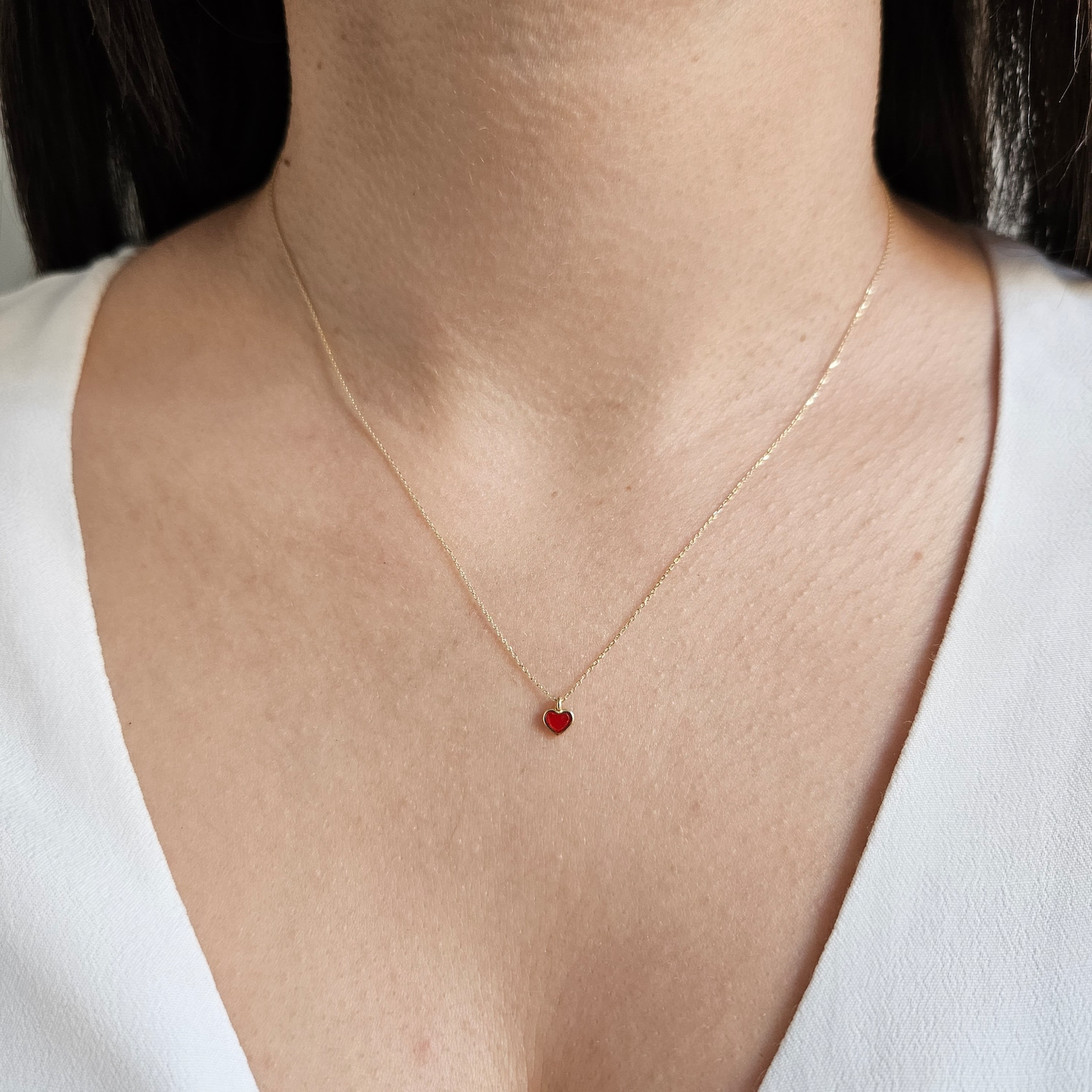 Red Enamel Heart Necklace, Minimalist Necklace, 14K Solid Gold Necklace ...