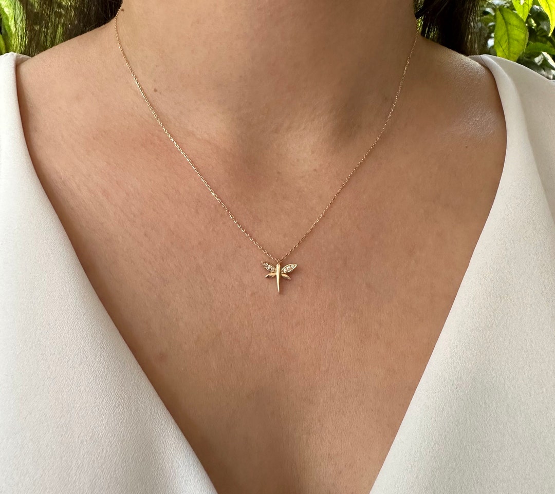 14K Gold Dragonfly Necklace, Dragonfly Jewelry, Handmade Jewelry, Solid ...