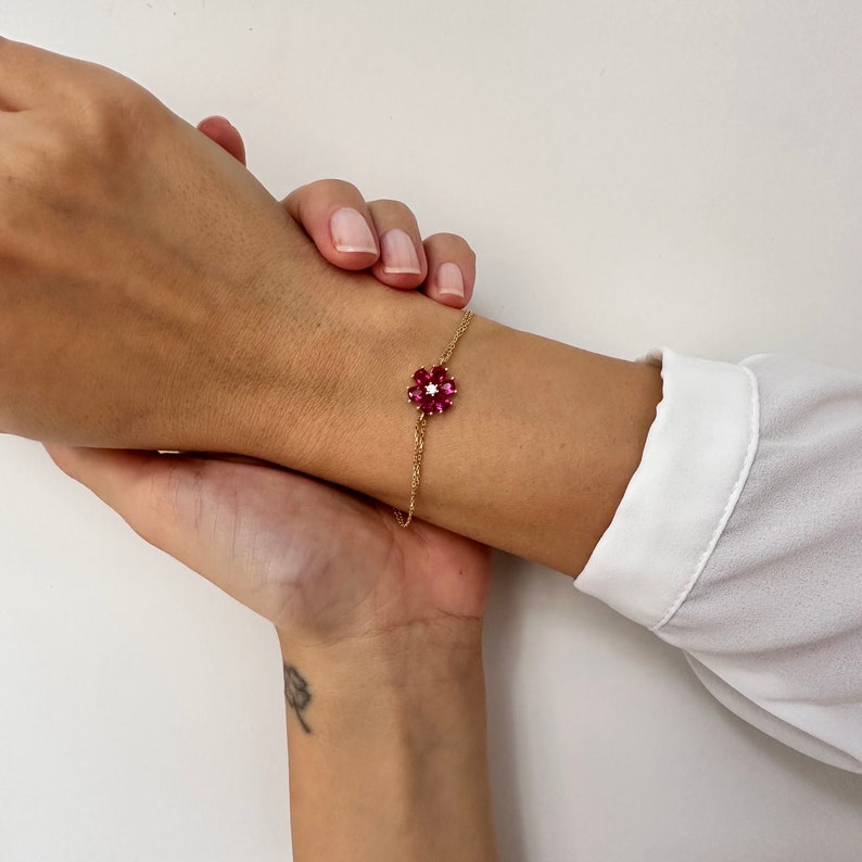 14K Gold Ruby Bracelet, Ruby Raindrop Cut Flower Bracelet, July ...