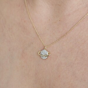 14K Gold Saturn Necklace, Saturn Planet Necklace, Moon and Saturn ...