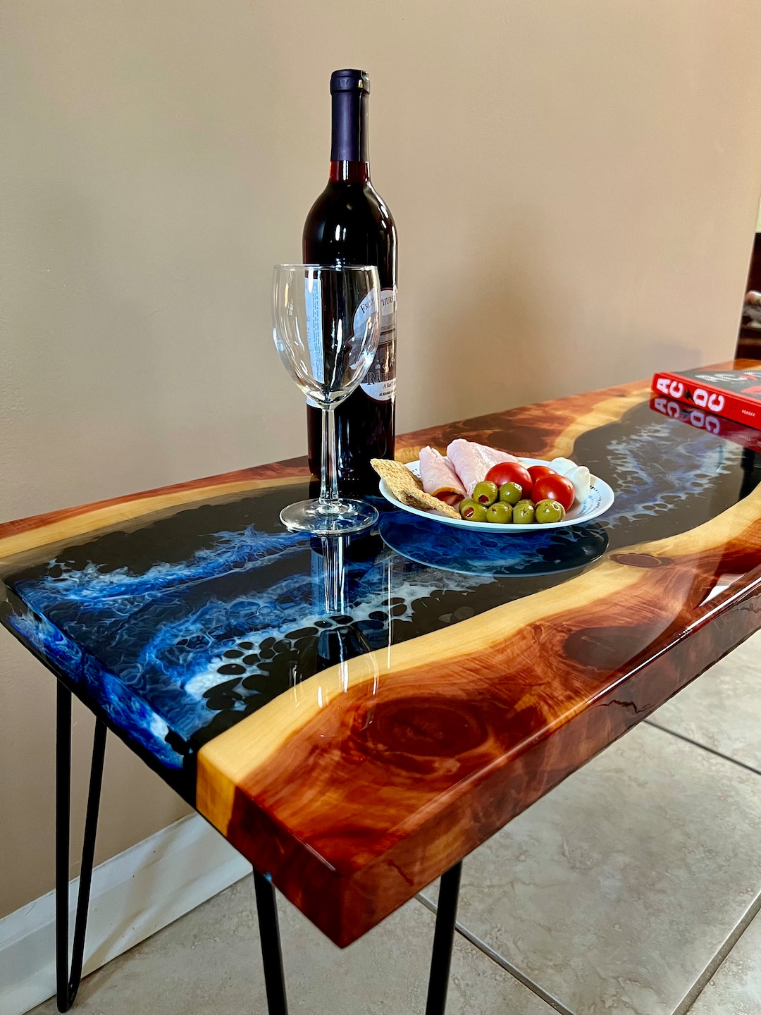 Cedar Epoxy River Coffee Table Ocean Inspired Blue With Black Rocks Handmade - Etsy