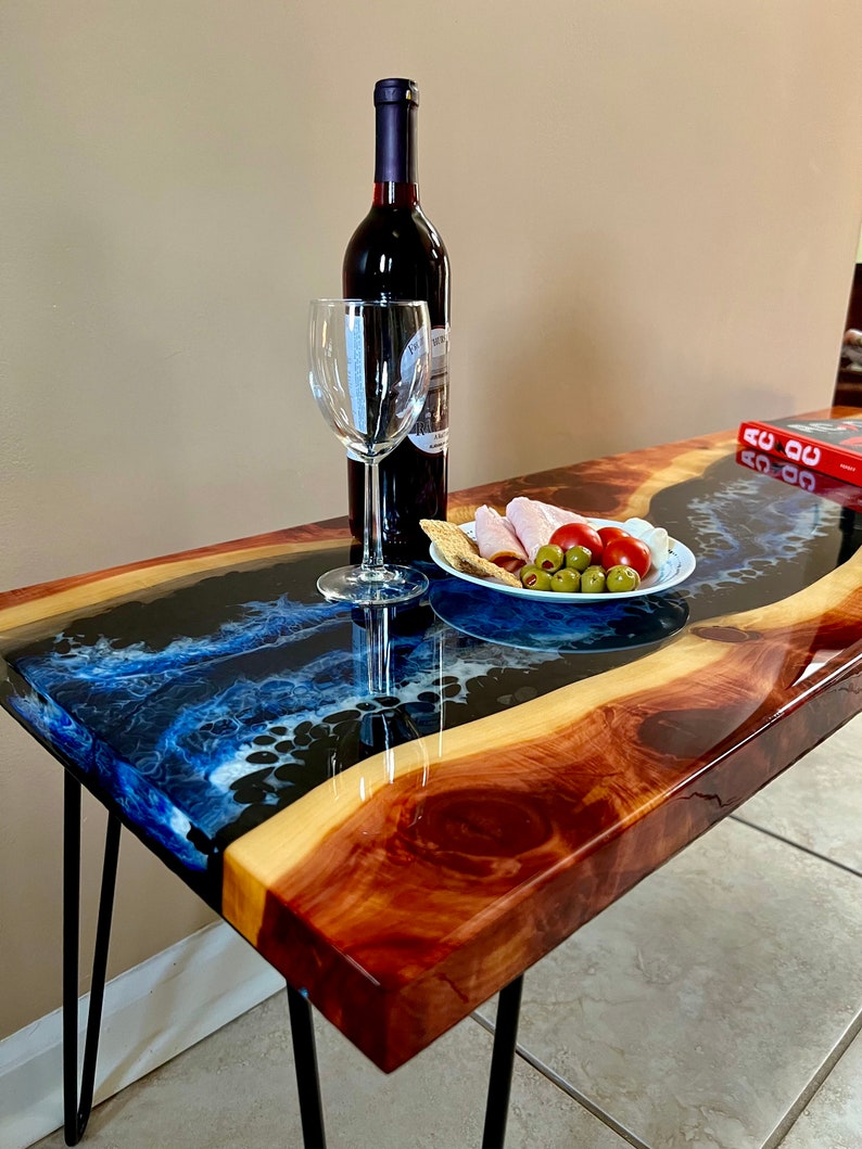 Cedar Epoxy River Coffee Table Ocean Inspired Blue With Black Rocks Handmade - Etsy