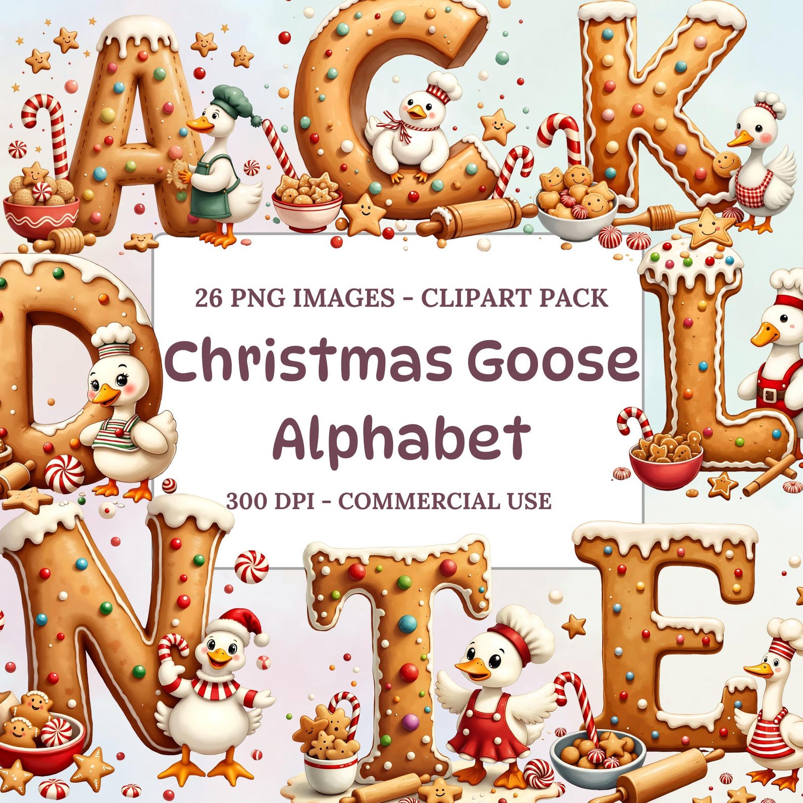 Christmas Goose Alphabet Clipart, Gingerbread Letters, Holiday ABC ...