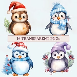 Cute Christmas Penguins Clipart, Watercolor Clipart, Christmas ...