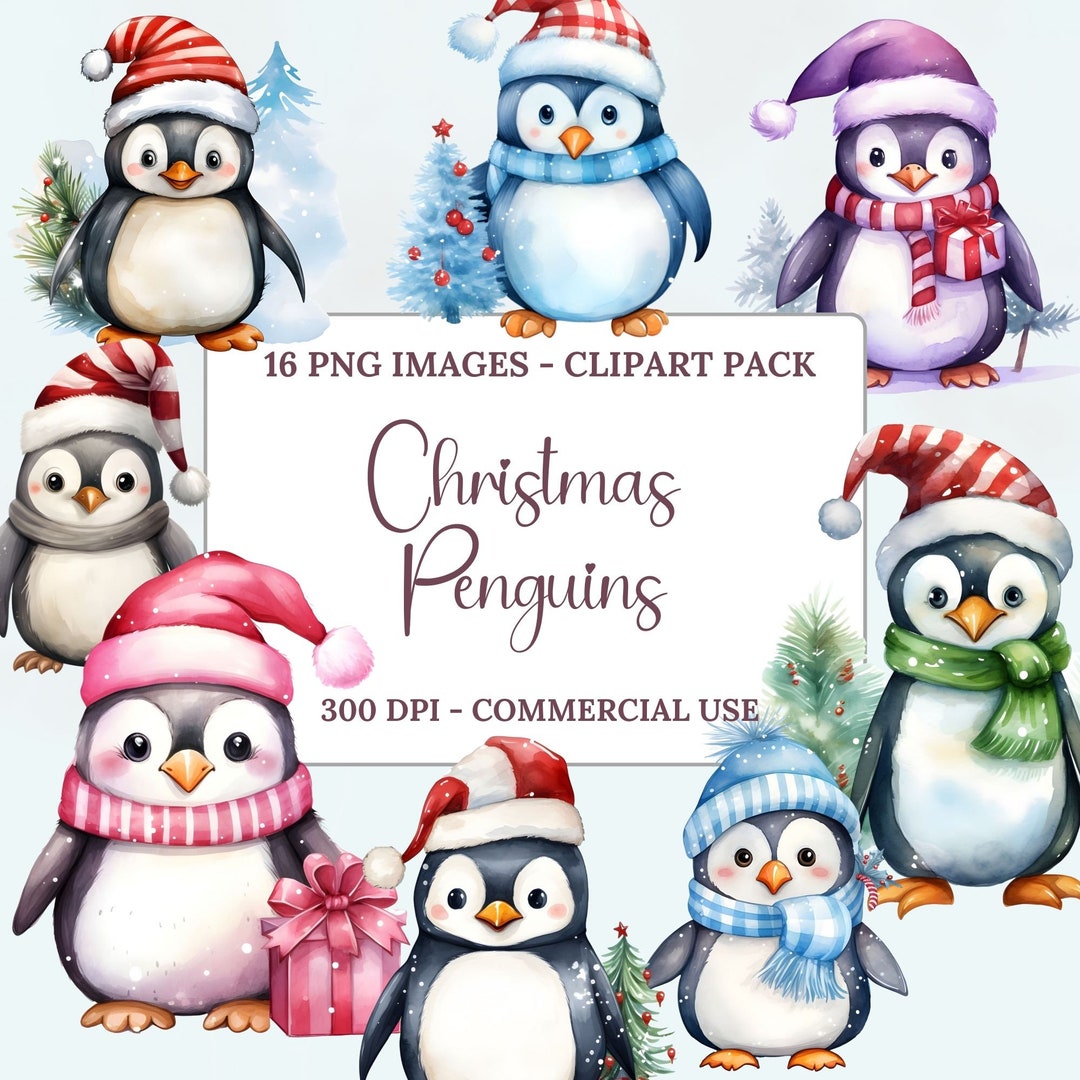 Cute Christmas Penguins Clipart, Watercolor Clipart, Christmas ...
