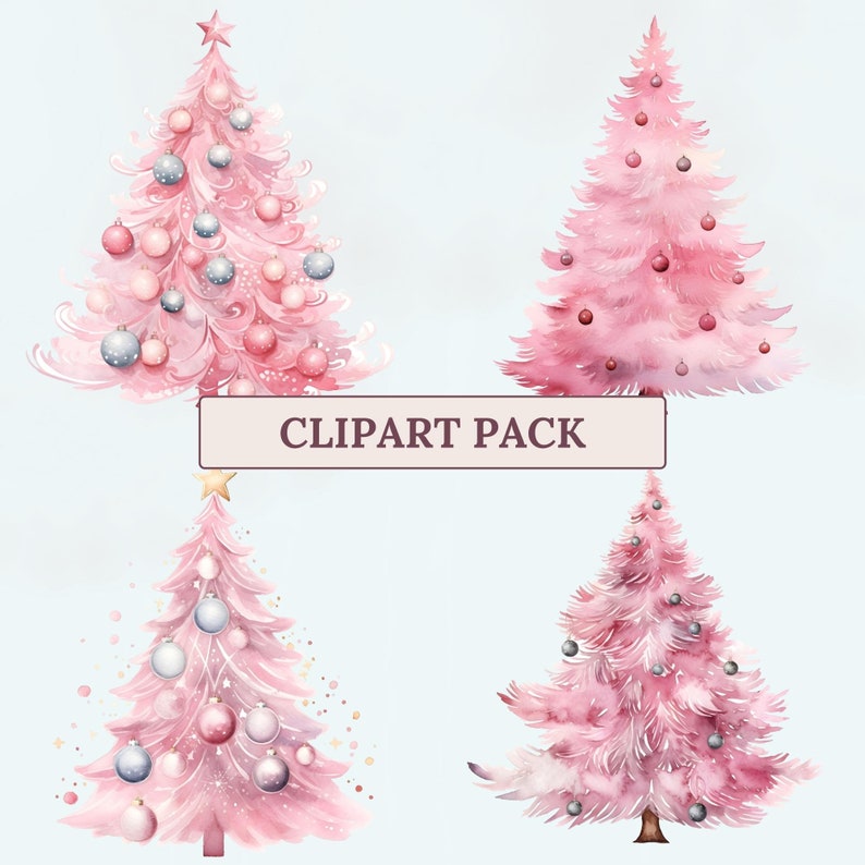 Pink Christmas Trees Clipart, Watercolor Clipart, Christmas Watercolor ...
