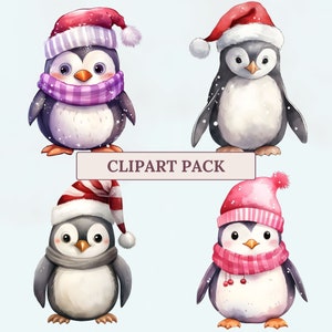 Cute Christmas Penguins Clipart, Watercolor Clipart, Christmas ...