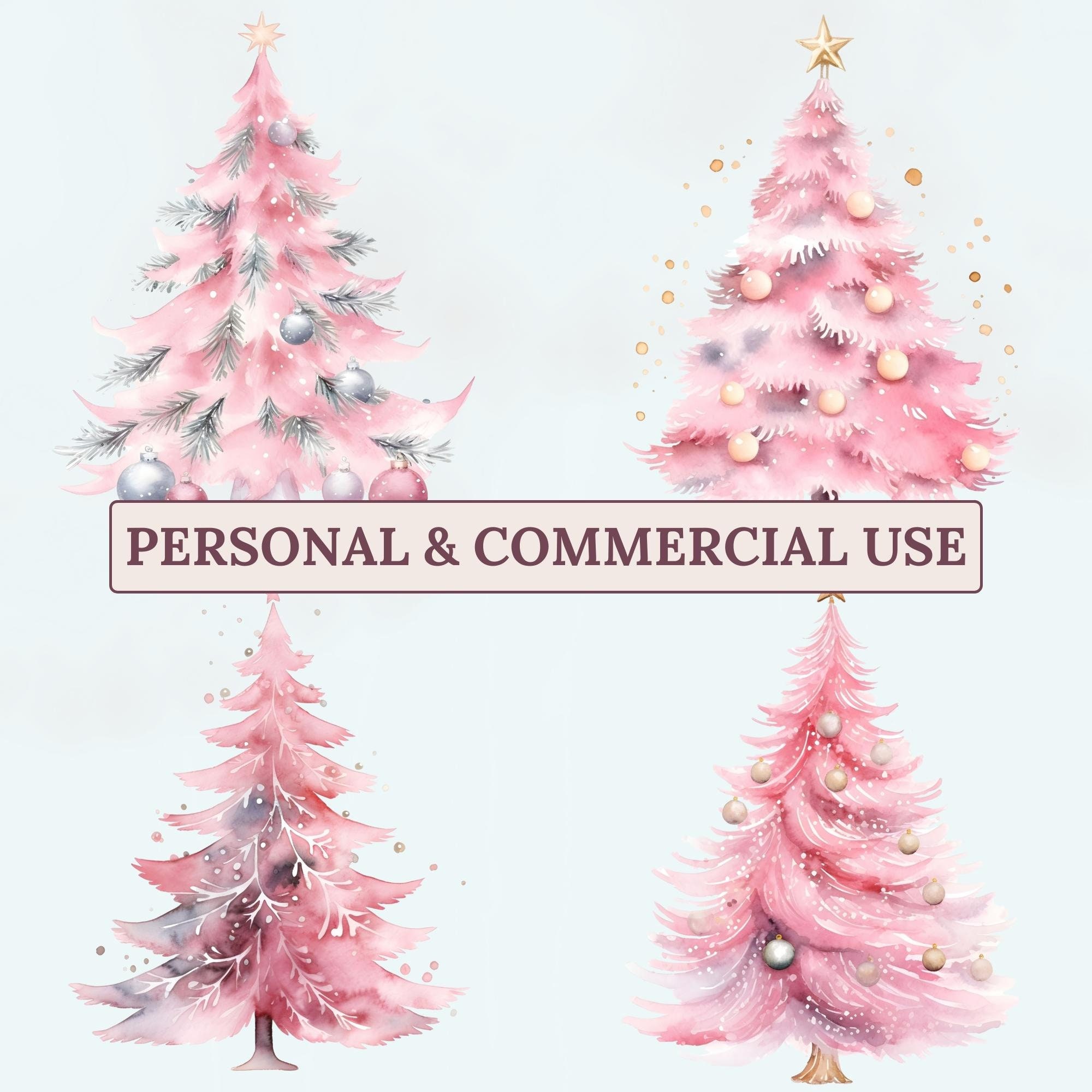 Pink Christmas Trees Clipart, Watercolor Clipart, Christmas Watercolor ...