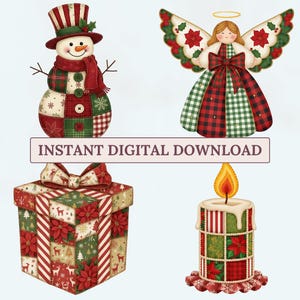 Patchwork Christmas Digital Clipart, Winter Holiday PNG Images, Santa ...