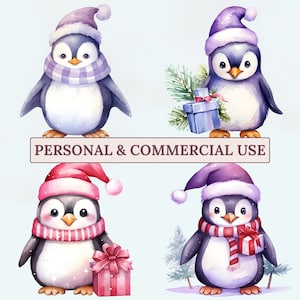 Cute Christmas Penguins Clipart, Watercolor Clipart, Christmas ...