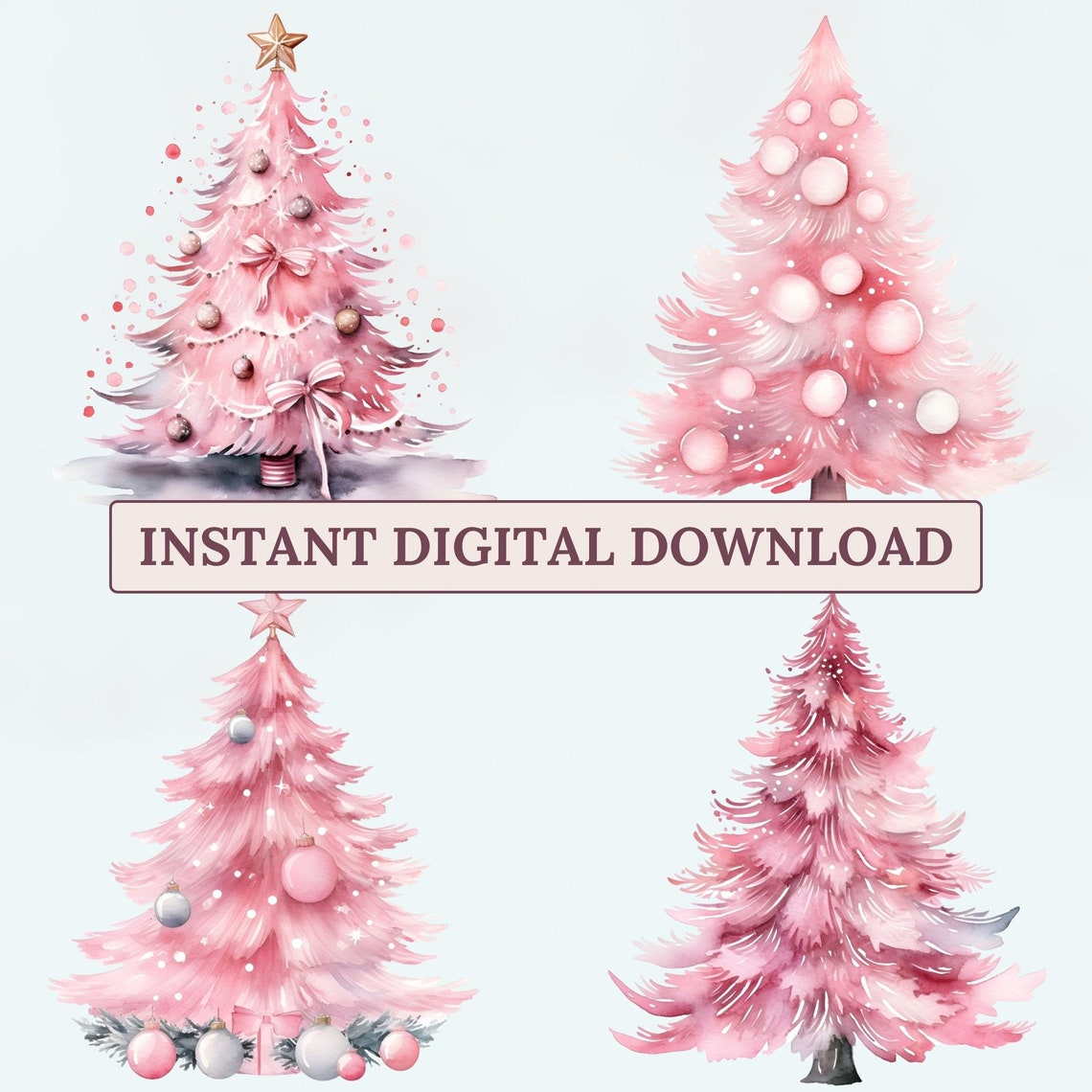 Pink Christmas Trees Clipart, Watercolor Clipart, Christmas Watercolor ...