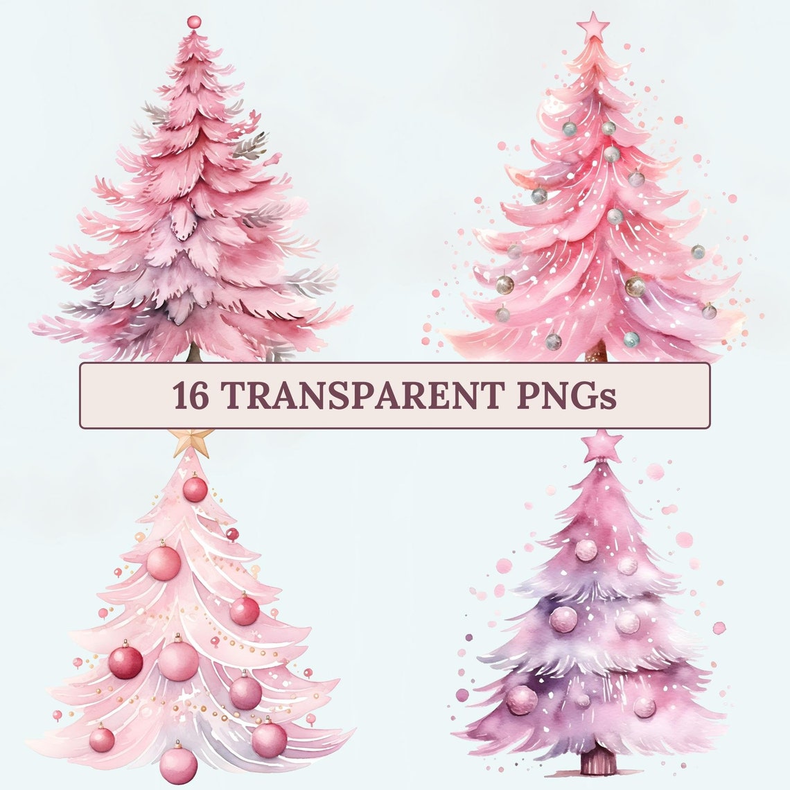 Pink Christmas Trees Clipart, Watercolor Clipart, Christmas Watercolor ...