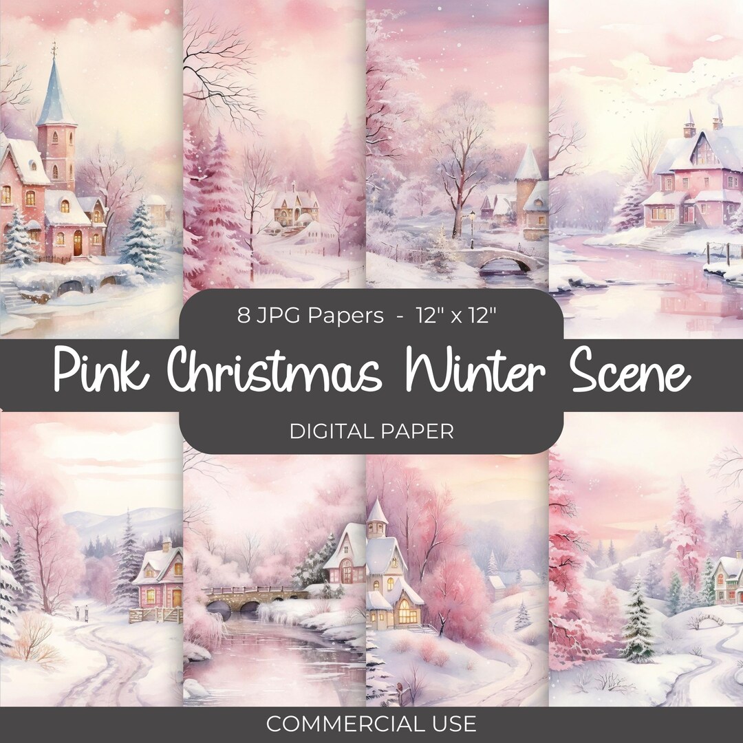 Pink Christmas Winter Scene, Digital Paper, Christmas Pages, Christmas ...