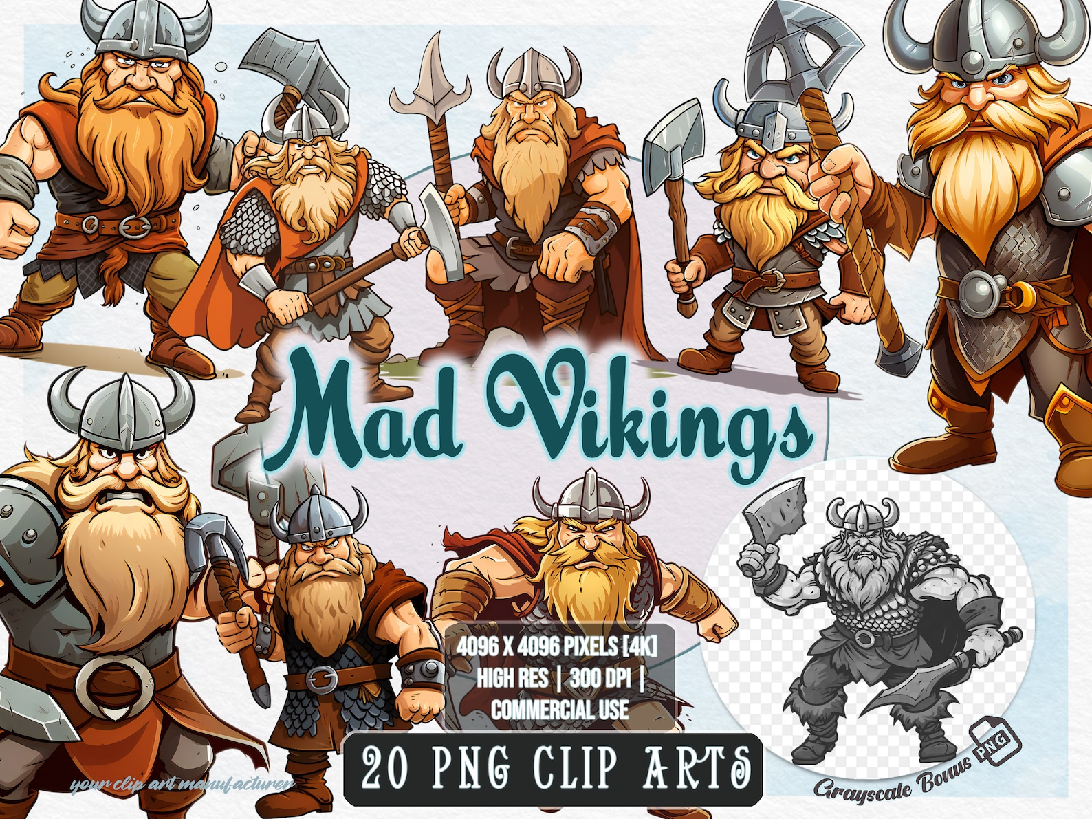 Mad Vikings - Clip Art Transparent | 5 Digital File Types | Color ...
