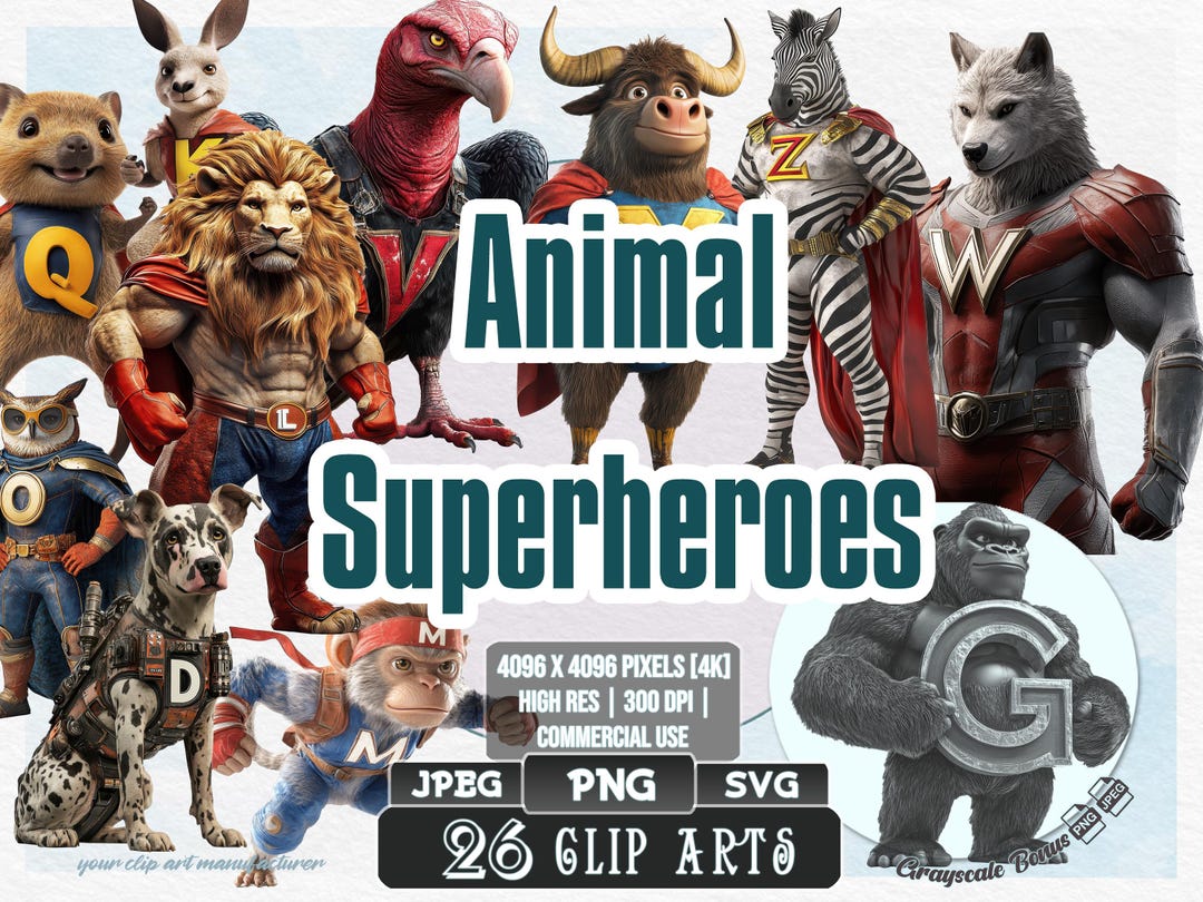 26 Superheroes Animals - Alphabet | 5 Digital File Types | Color ...