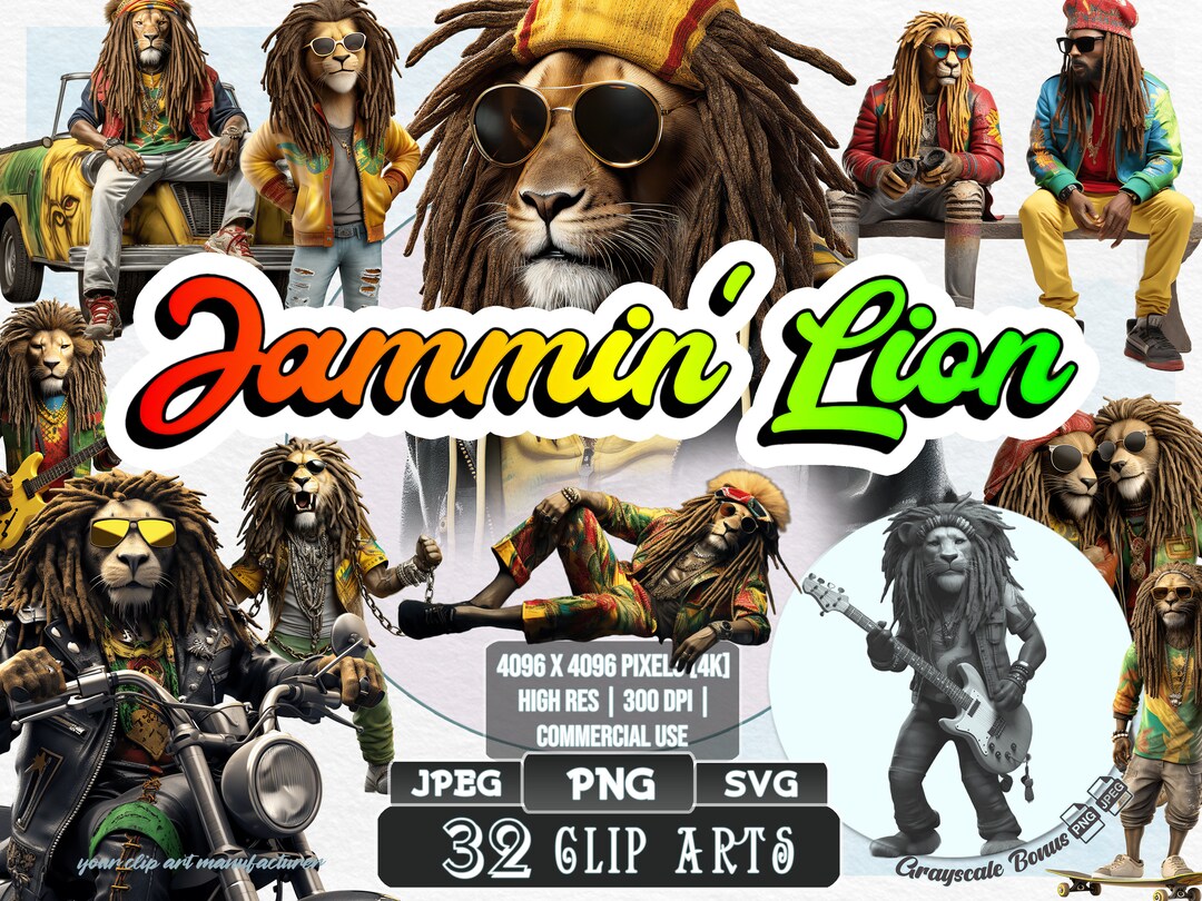 32 Jammin' Lion - Reggae Clip Art | 5 Digital File Types | Color ...